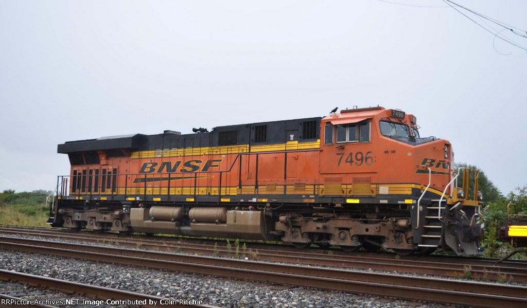 BNSF 7496, parked in Mud Bay West siding with communication equipment issues.